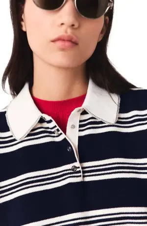 Maje Striped Polo Shirt With Rhinestone Collar