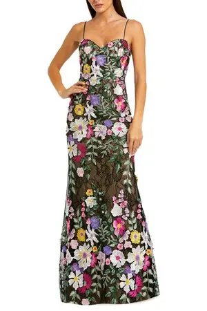 Mac Duggal Floral Embroidered Bustier Gown - Black Multi