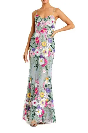Mac Duggal Floral Embroidered Bustier Gown - Sage Multi