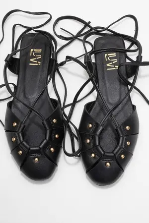 FOREVER & ALWAYS SHOES Daria Leather Lace-up Sandal - Black