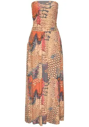 LASCANA Strapless Bandeau Maxi Dress With Side Slit Pockets - Orange Multi