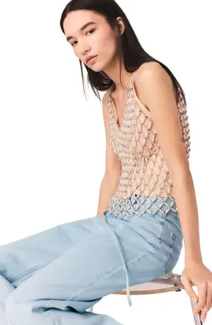 Maje Beaded Mesh Top With Satin Lining