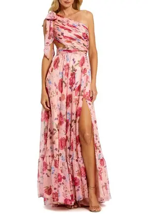 Mac Duggal Floral One-shoulder Chiffon Gown - Blush Multi