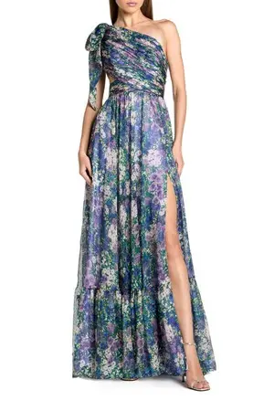 Mac Duggal Floral One-shoulder Chiffon Gown - Lilac Multi