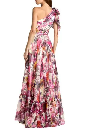 Mac Duggal Floral Chiffon Maxi Gown With Cutout - White Multi