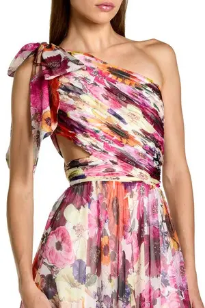Mac Duggal Floral Chiffon Maxi Gown With Cutout - White Multi