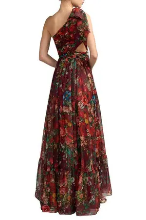 Mac Duggal Floral One-shoulder Chiffon Gown - Wine Multi