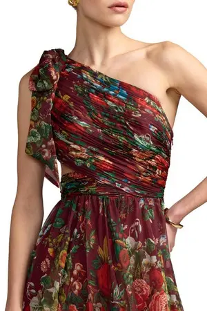 Mac Duggal Floral One-shoulder Chiffon Gown - Wine Multi