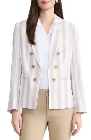 Jones New York Stripe Double Breasted Linen Blend Blazer - Naturalstone/natural White