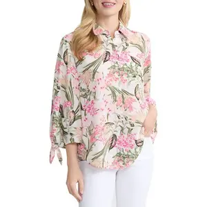 Jones New York Floral Tie-sleeve Button-up Shirt - White Sand Multi