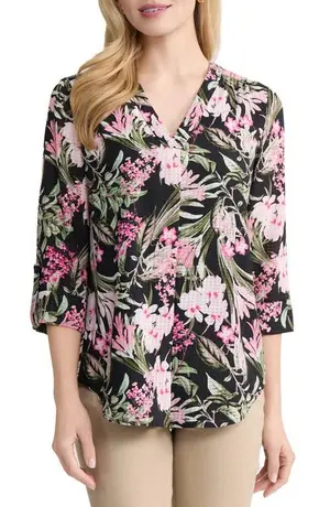 Jones New York Floral Roll Sleeve Tunic - Jones Black Multi