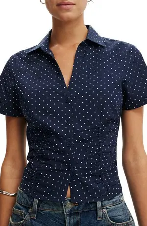 COTTON ON Maya Rouched Shirt - Lily Micro Polka Dot Navy