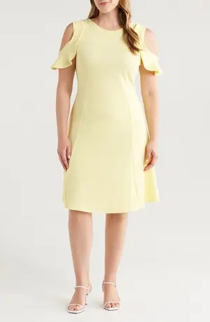 24SEVEN COMFORT APPAREL Ruffle Cold Shoulder A-line Dress - Banana