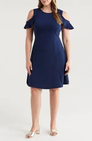24SEVEN COMFORT APPAREL Ruffle Cold Shoulder A-line Dress - Navy