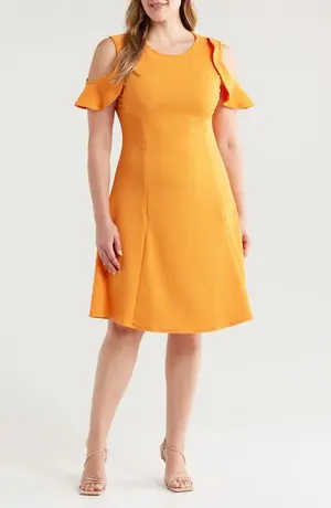 24SEVEN COMFORT APPAREL Ruffle Cold Shoulder A-line Dress - Peach