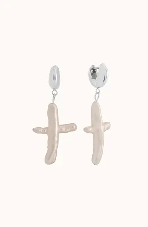 JOIANA JEWELRY Colette Cross Pearl Earrings - Huggie/white Silver