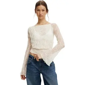 COTTON ON Sofia Lace Long Sleeve Top - Sand White Lace