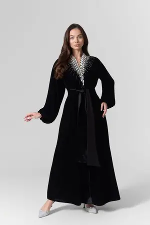 LE FAFO Luna Velvet Embellished Belted Maxi Dress