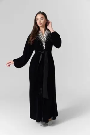 LE FAFO Luna Velvet Embellished Belted Maxi Dress