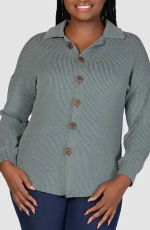 24SEVEN COMFORT APPAREL Textured Stripe Knit Button-up Shirt