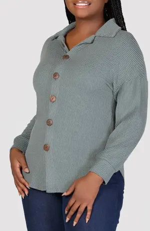 24SEVEN COMFORT APPAREL Textured Stripe Knit Button-up Shirt