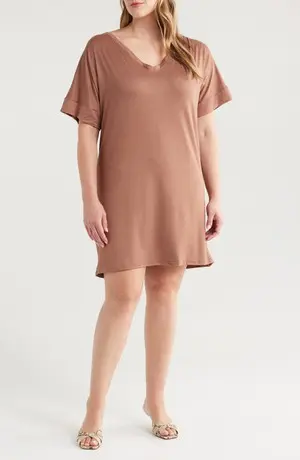 24SEVEN COMFORT APPAREL V-neck Short Sleeve T-shirt Dress - Mocha