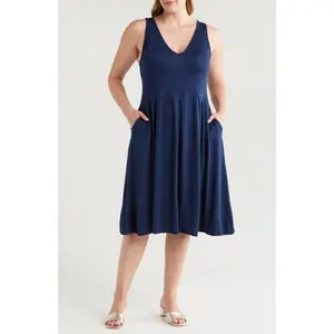 24SEVEN COMFORT APPAREL Sleeveless V-neck Jersey Dress - Navy