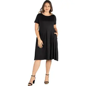 24SEVEN COMFORT APPAREL A-line Midi Dress With Short Sleeves - Black