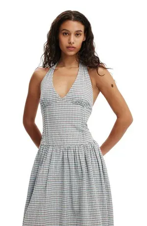COTTON ON Kaity Halter Midi Dress - Rebecca Check Blue