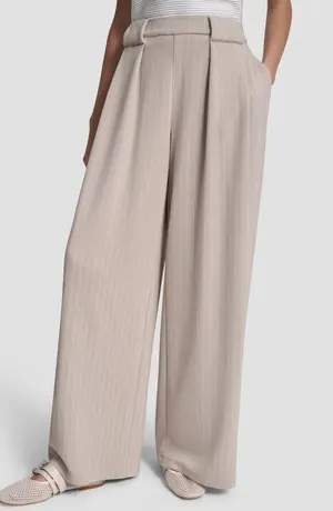 Dkny Pinstriped Pleat Front Wide Leg Pants - Pebble Pinstripe