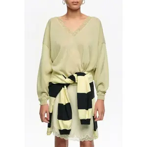 Bimba Y Lola Short Sweater In Cotton Linen And Lace - Light Green