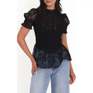 PETAL & PUP Adeline Smocked Peplum Lace Top - Black