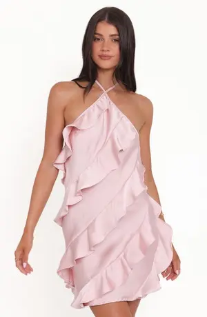 PETAL & PUP Valery Ruffle Halter Satin Minidress