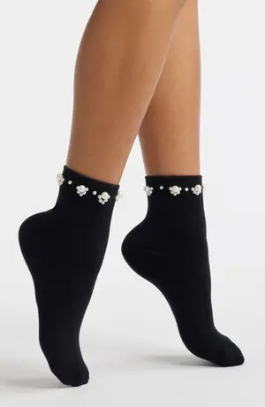 STEMS Faux Pearl Embellished Quarter Socks - Black