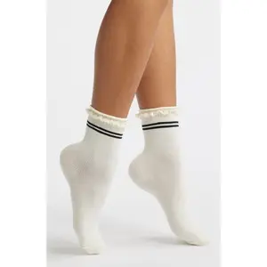 STEMS Pointelle Knit Stripe Quarter Socks - Ivory