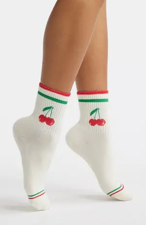 STEMS Cherry Metallic Stripe Grippy Crew Socks - Ivory