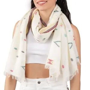 Vismaya Pixel Woven Cotton Scarf - Ivory