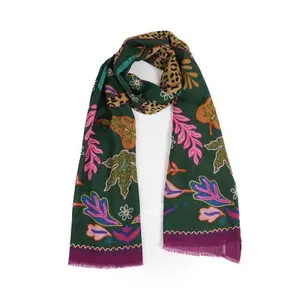 Vismaya Wild Grace Wool Embroidered Scarf - Jungle Green