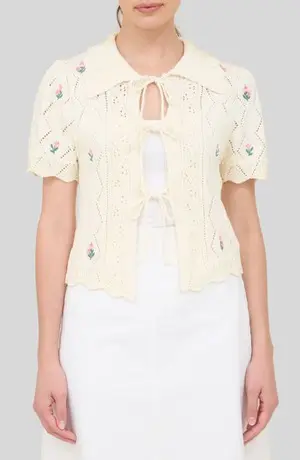 ZOE AND CLAIRE Floral Tie-front Cardigan