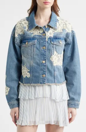 LoveShackFancy Amana Lace Patch Denim Jacket