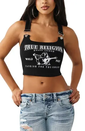 True Religion Buddha Rib Crop Overal Buckle Tank - Jet Black