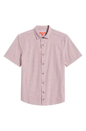 Johnston & Murphy Xc+™ Motion Geo Print Short-sleeve Performance Knit Button-up Shirt - Orange Quad Grid