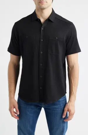 Johnston & Murphy Riley Knit Short Sleeve Button-up Shirt - Black