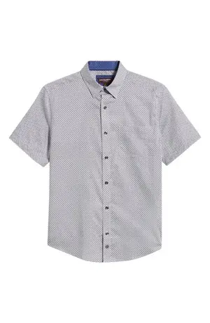 Johnston & Murphy Logan Print Short Sleeve Button-up Shirt - Gray Diamond Grid