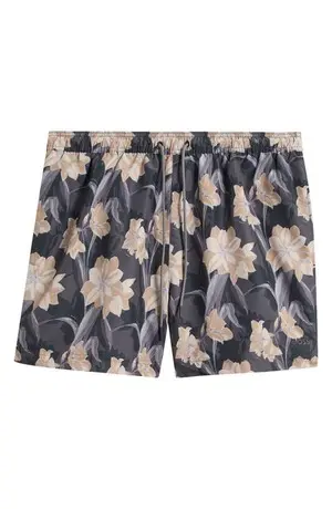 BOSS Floral Print Swim Trunks - Black