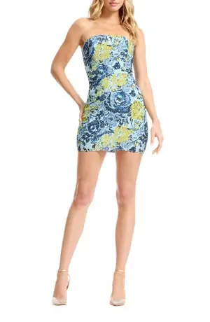 Dress The Population Camilla Floral Sequin Strapless Cocktail Minidress - Sky Multi