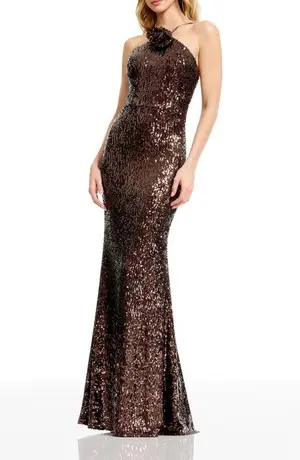 Dress The Population Rosette Sequin Halter Gown