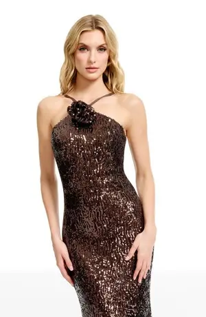 Dress The Population Rosette Sequin Halter Gown