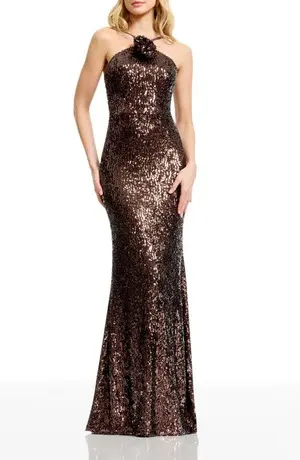 Dress The Population Rosette Sequin Halter Gown - Mocha