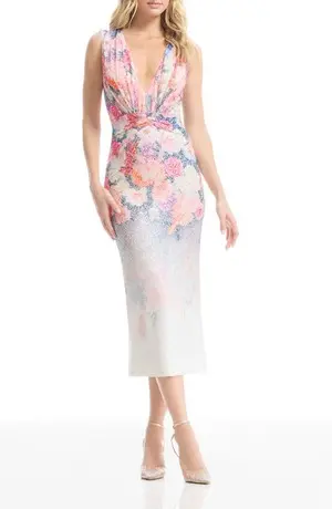 Dress The Population Gretchen Sequin Floral Cocktail Midi Dress